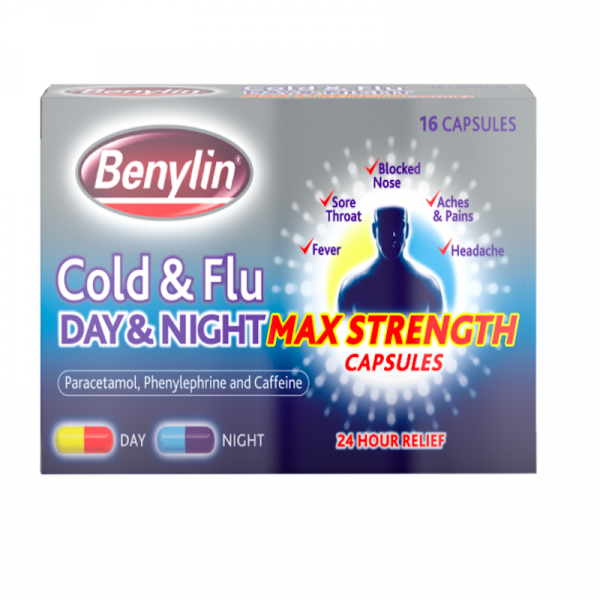 Benylin Cold & Flu Day and Night Max Strength 16 Capsules - Caplet Pharmacy