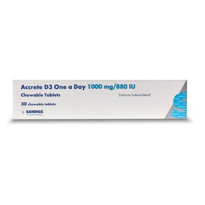 Accrete D3 One-A-Day 1000mg/880IU Chewable 30 Tablets - Caplet Pharmacy