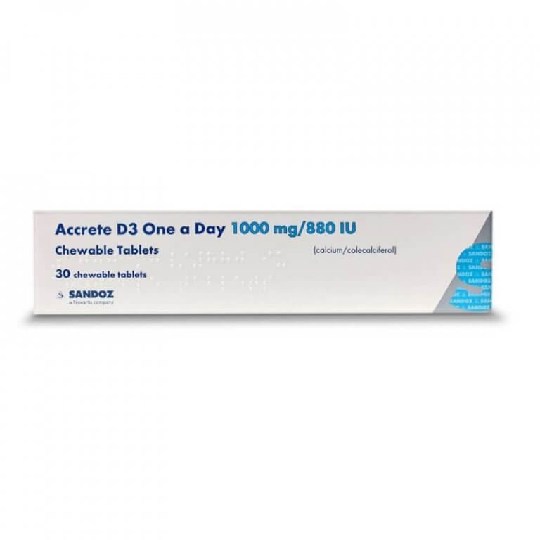 Accrete D3 One-A-Day 1000mg/880IU Chewable 30 Tablets - Caplet Pharmacy